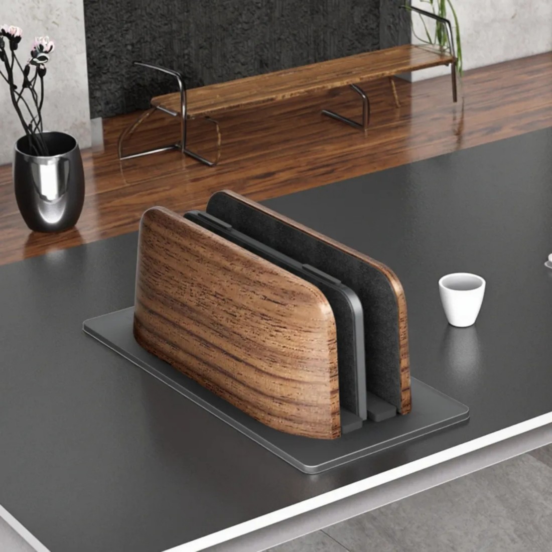 Laptop Standı Ahşap Dual Çift Tutucu Masaüstü Macbook Tablet Telefon Standı